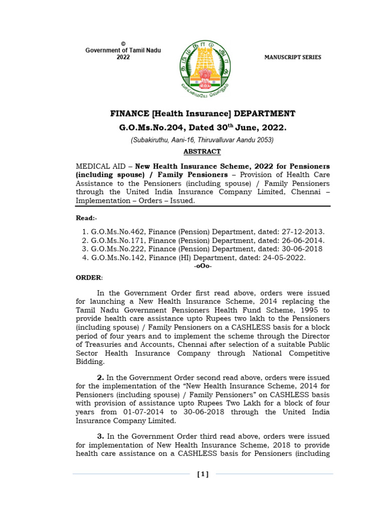 Tamil Nadu Pensioners Health Scheme 2022 | PDF