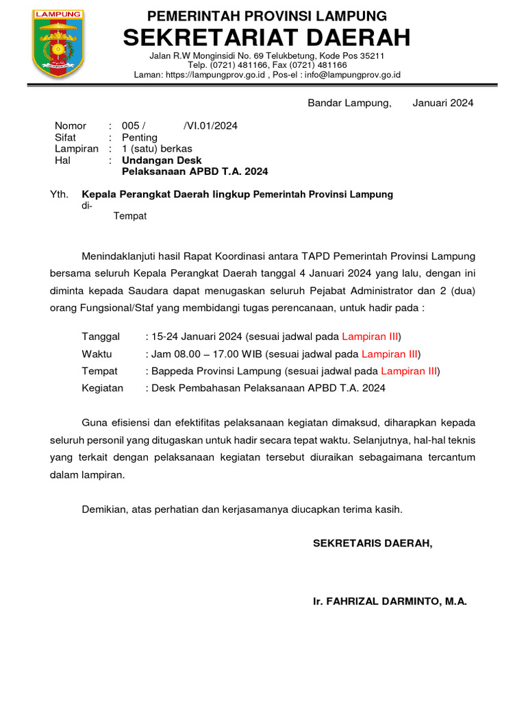 3_Surat Kop Setda_Undangan Desk_ Januari 2024 | PDF