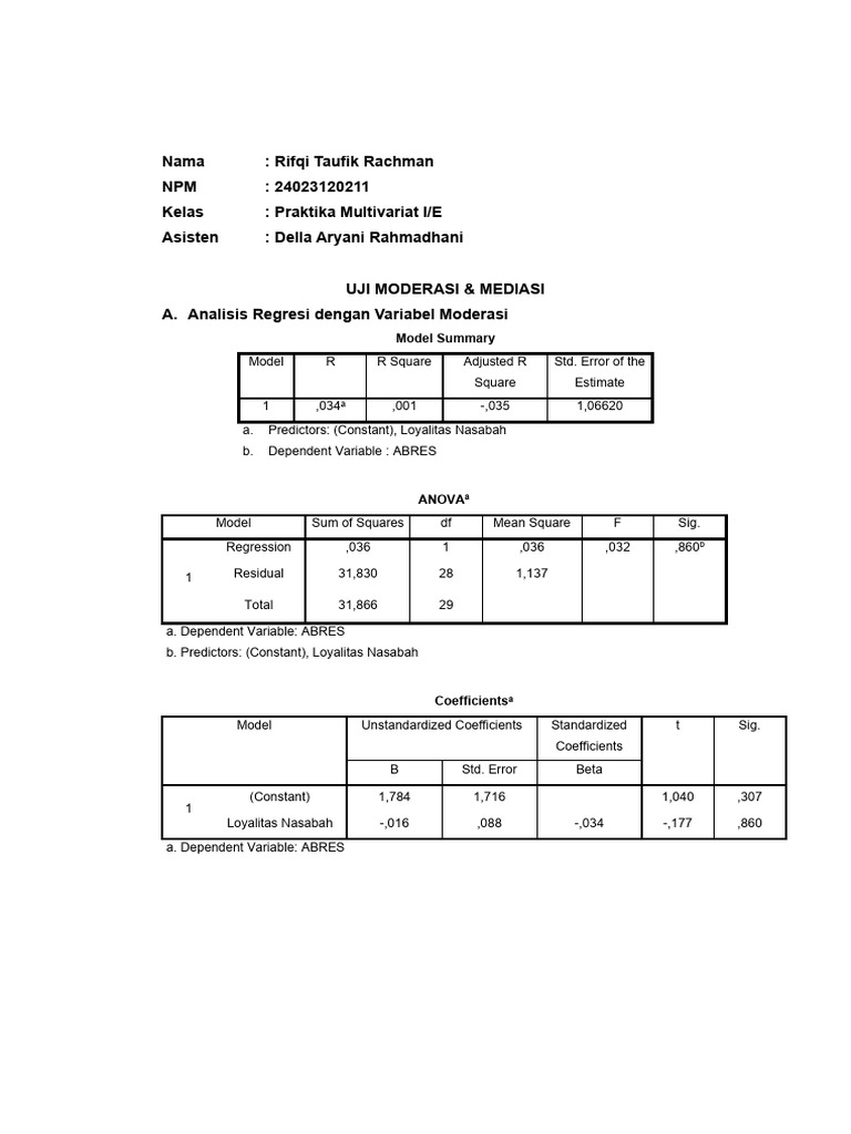 RifqiTaufikRachman - 24023120211 - Analisis UJI MODERASI & MEDIASI | PDF
