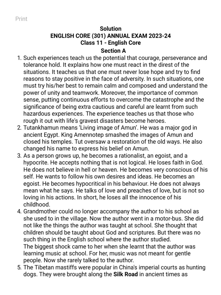 Print Solution of Class 11th English 20 Questions Paper | PDF ...