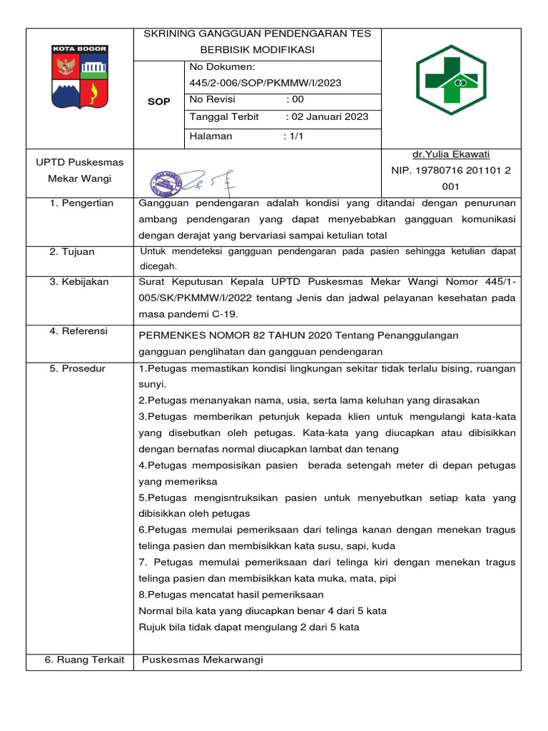 Sop Skrining Gangguan Pendengaran Tes Berbisik Modifikasi | PDF Sop Skrining Gangguan Pendengaran Tes Berbisik Modifikasi | PDF