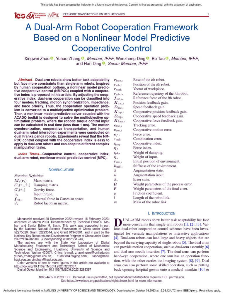 A Dual-Arm Robot Cooperation Framework Based On A Nonlinear Model Predictive Cooperative Control ...
