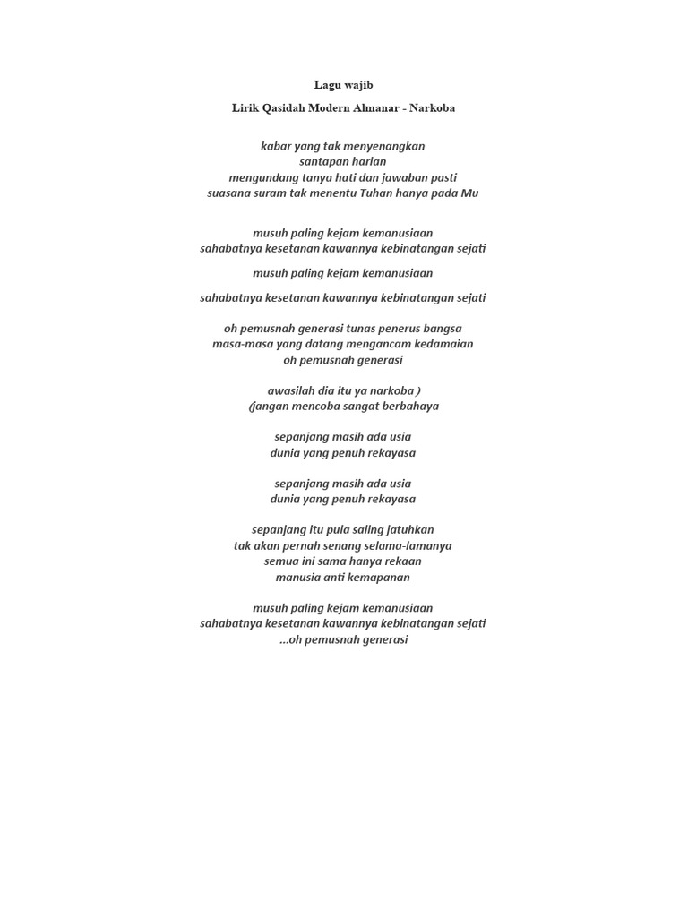 Lagu Wajib Lirik Qasidah Modern Almanar - Narkoba | PDF