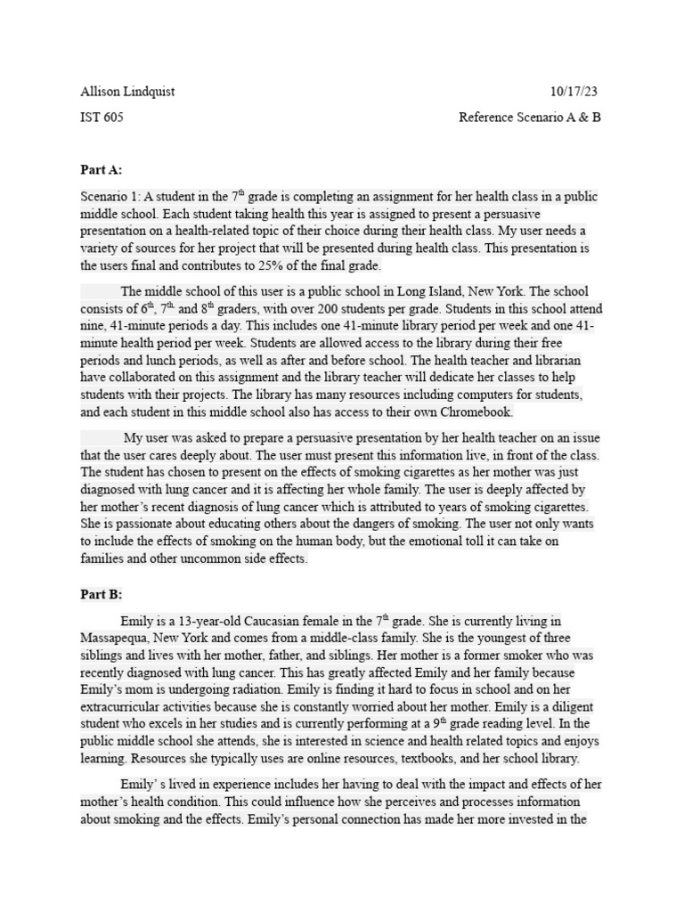 Allison - Lindquist - Draft of Parts A and B Tailored Scenario and User ...