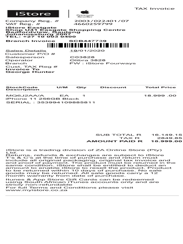iStore Eastgate Tax Invoice Details | PDF