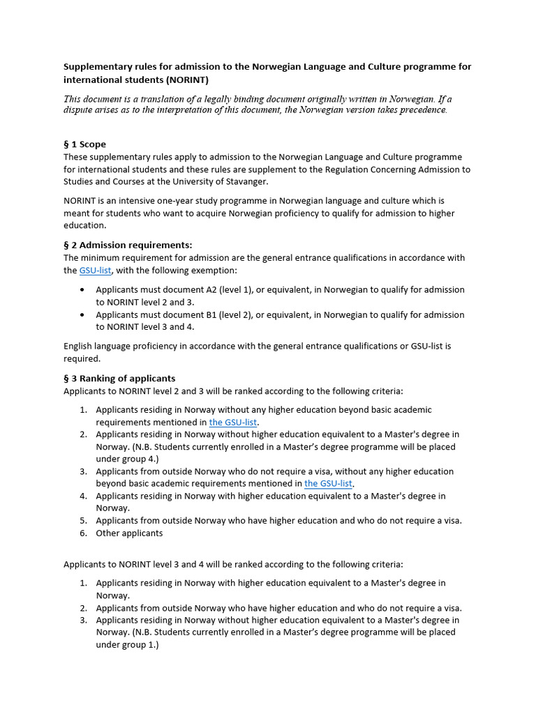 Supplementary Rules For Admission To NORINT | PDF