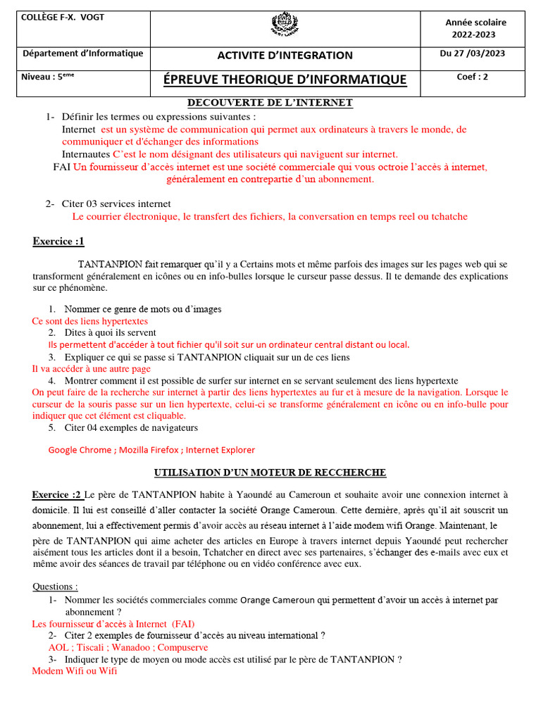 Activité Integration 5eme Corrige | PDF