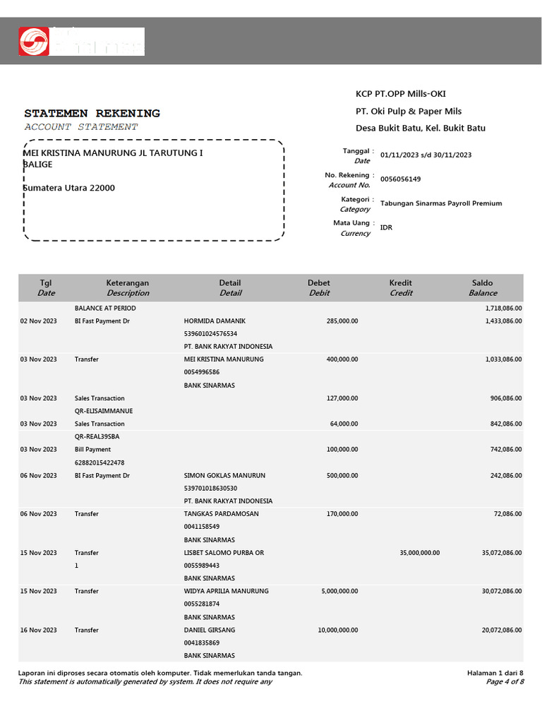 K Sinar Mas - Account Statement Report For Meimanurung87-21 | PDF
