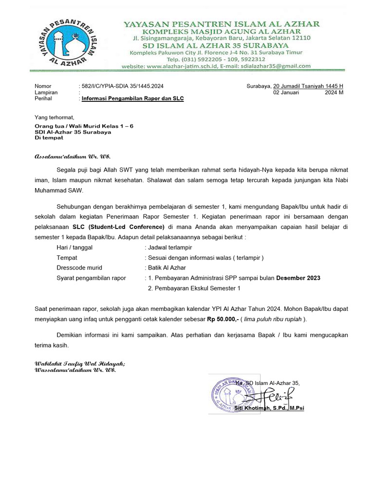 Jadwal Pengambilan Rapor Semester 1 Dan SLC (2 MK) | PDF