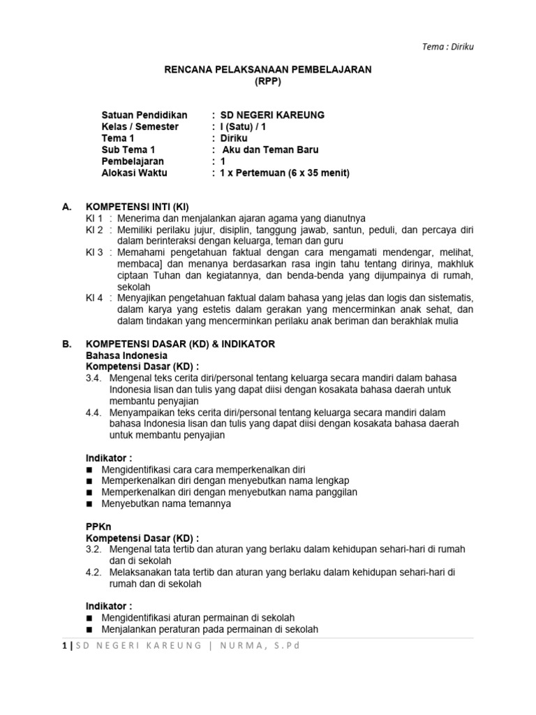 RPP SD KELAS 1 SEMESTER 1 - Diriku | PDF