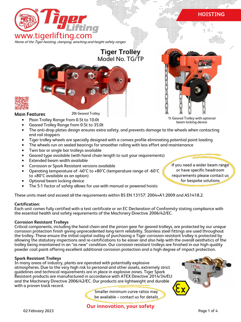 Tiger Hoisting Trolley Specifications | PDF | Corrosion | Gear