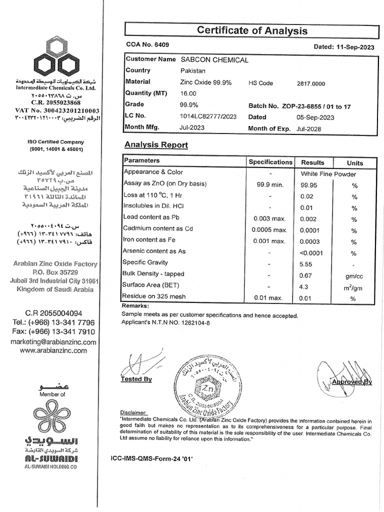 Zinc Oxide (Saudia) - Sabcon | PDF