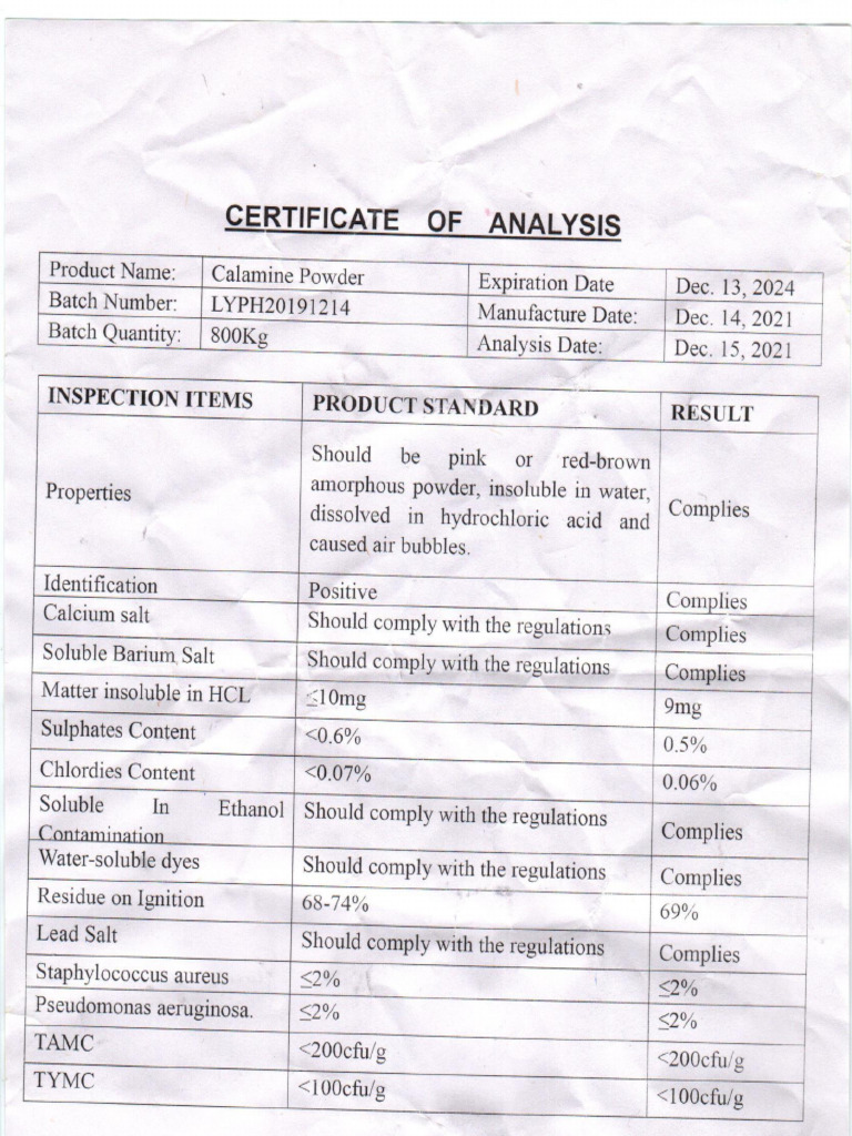 Calamine Local COA | PDF