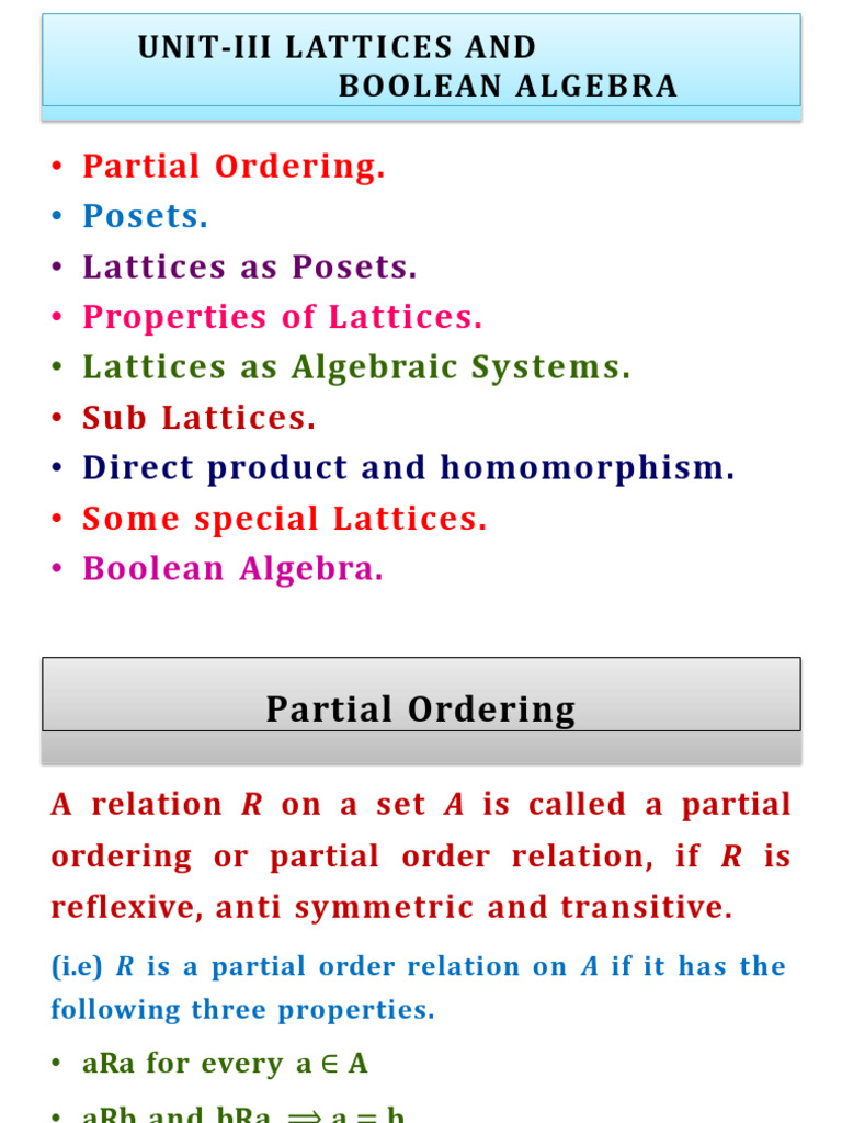 Lattices (Unit III) | PDF | Mathematics | Abstract Algebra Lattices (Unit III) | PDF | Mathematics | Abstract Algebra