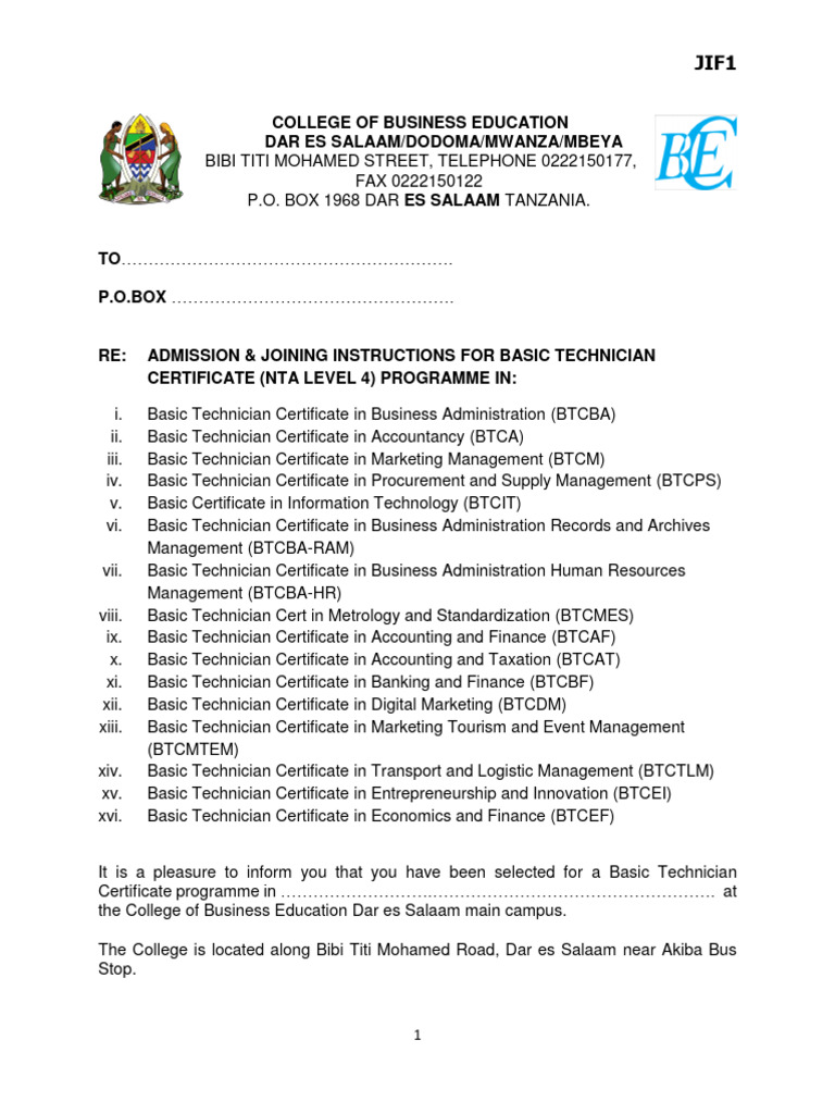 Cbe Joining Instructions For Certificate September Intake 2023 2024 | PDF