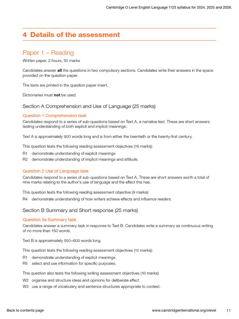 Cambridge O Level English 1123 Syllabus 2024-2026 | PDF | Reading ...