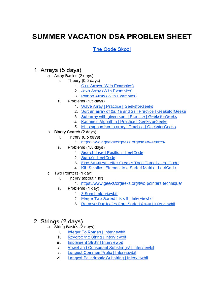 SUMMER VACATION DSA PROBLEM SHEET | PDF