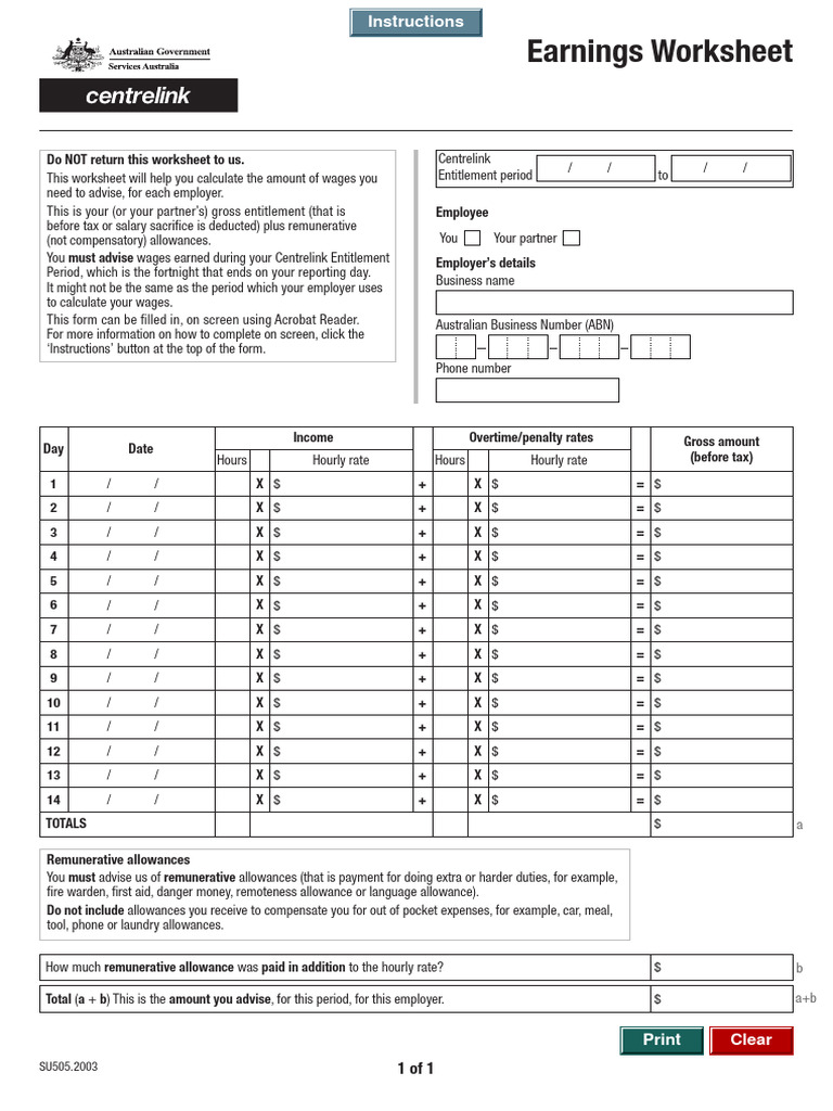 Earnings Worksheet: Print Clear | PDF