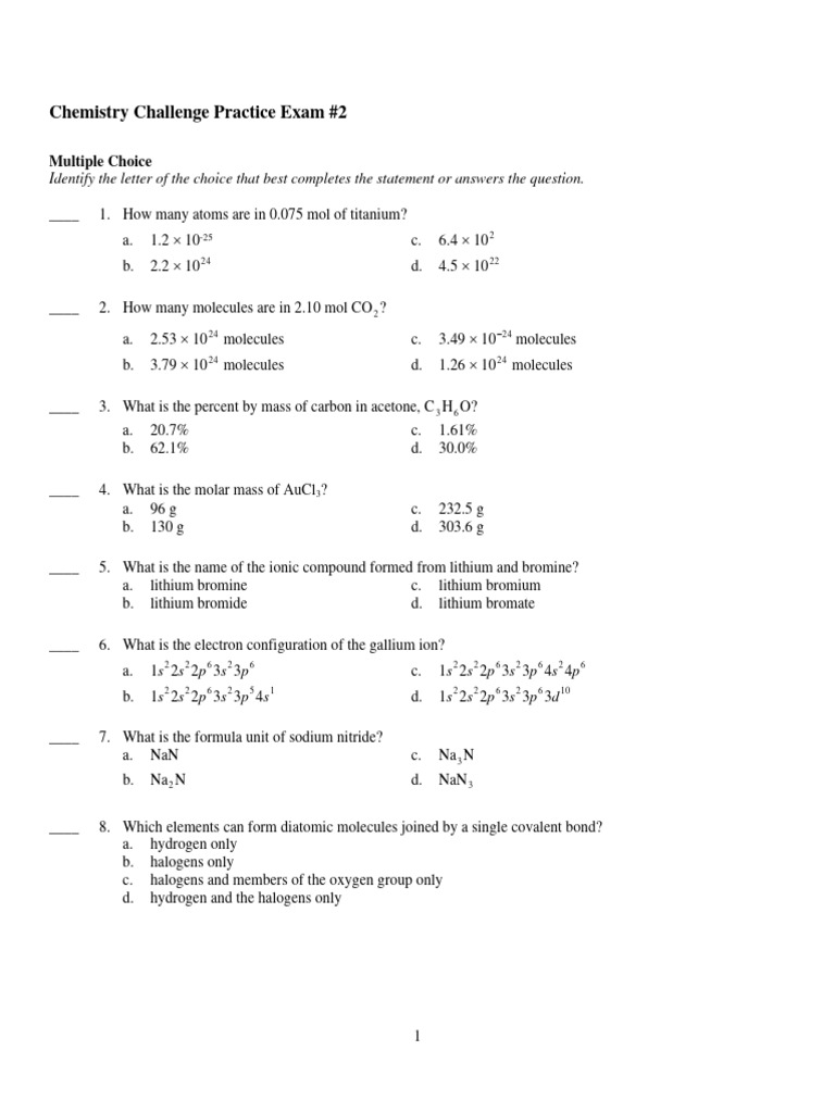 Chemistry Exam for Students | PDF | Science & Mathematics