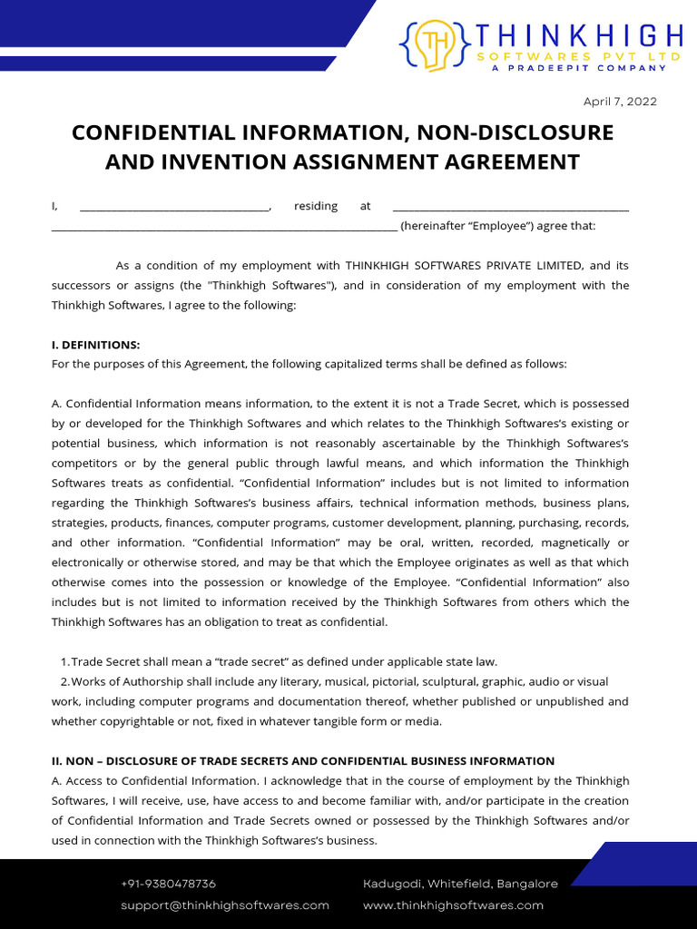 Confidential Information, Non-Disclosure and Invention Assignment ...
