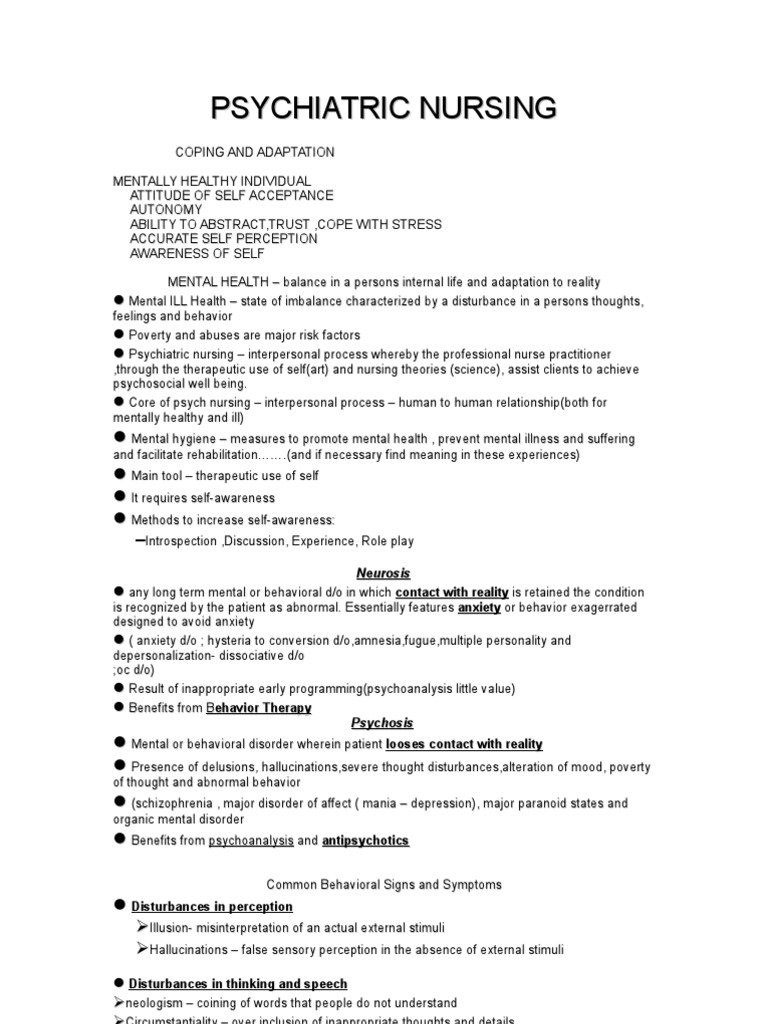 Psychiatric Nursing Notes | PDF | Antipsychotic | Psychotherapy
