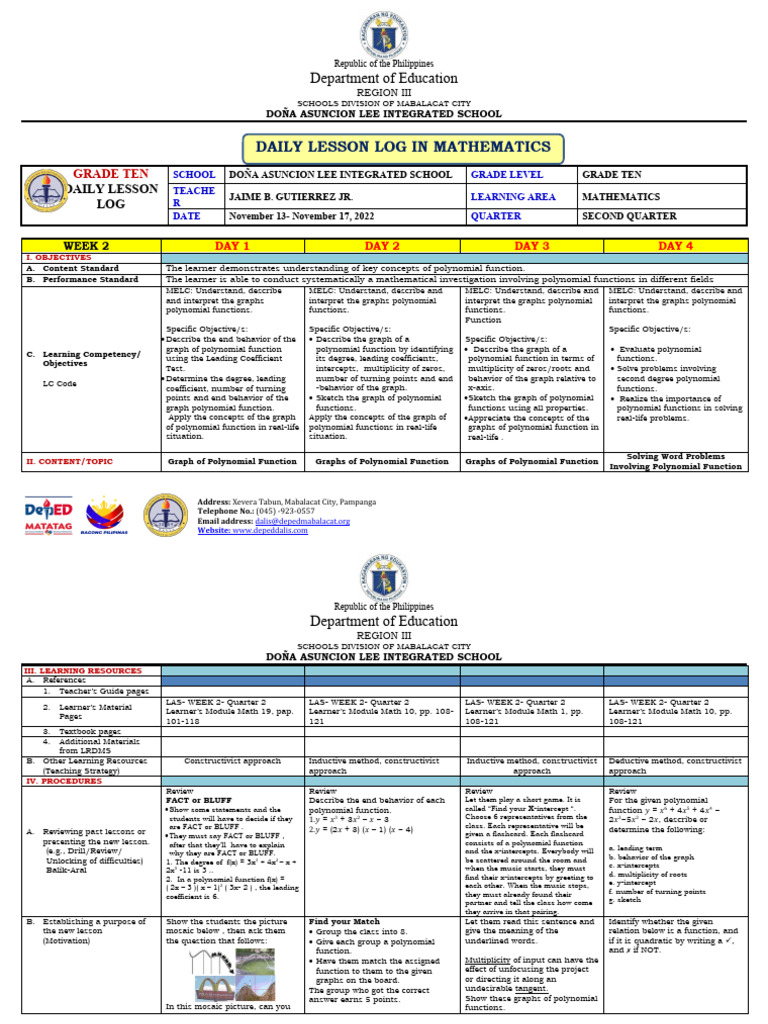 Q2 Week 2 DLL MATH 10 S.Y.2023 2024 | PDF | Zero Of A Function | Polynomial