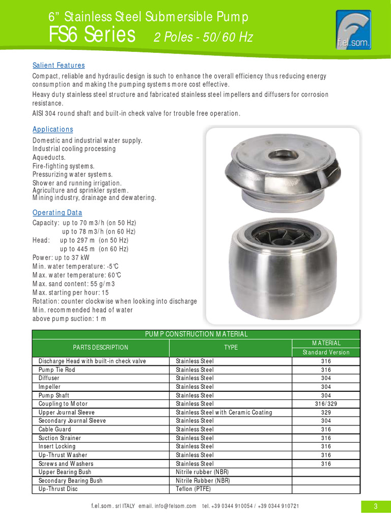 FS6 Pumps Description | PDF | Pump | Stainless Steel