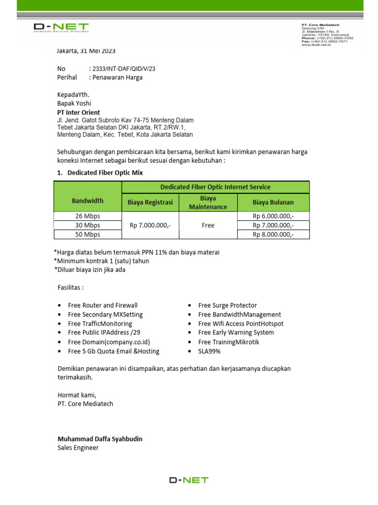 Penawaran Harga Koneksi Internet Fiber | PDF