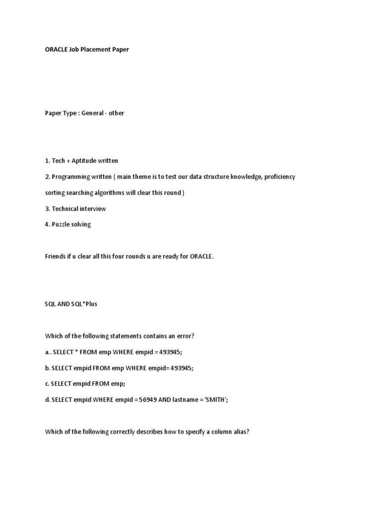 Oracle Placement Sample Paper 5 | PDF | Sql | Table (Database)