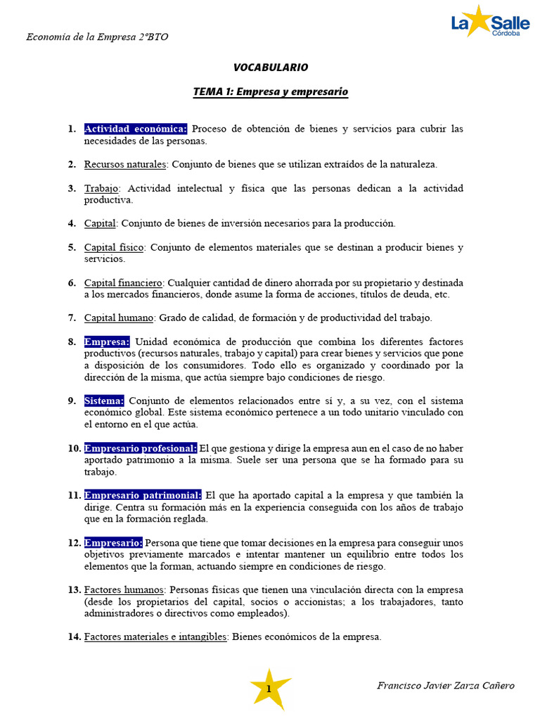 Vocabulario Tema 1 | PDF | Business | Negocios económicos