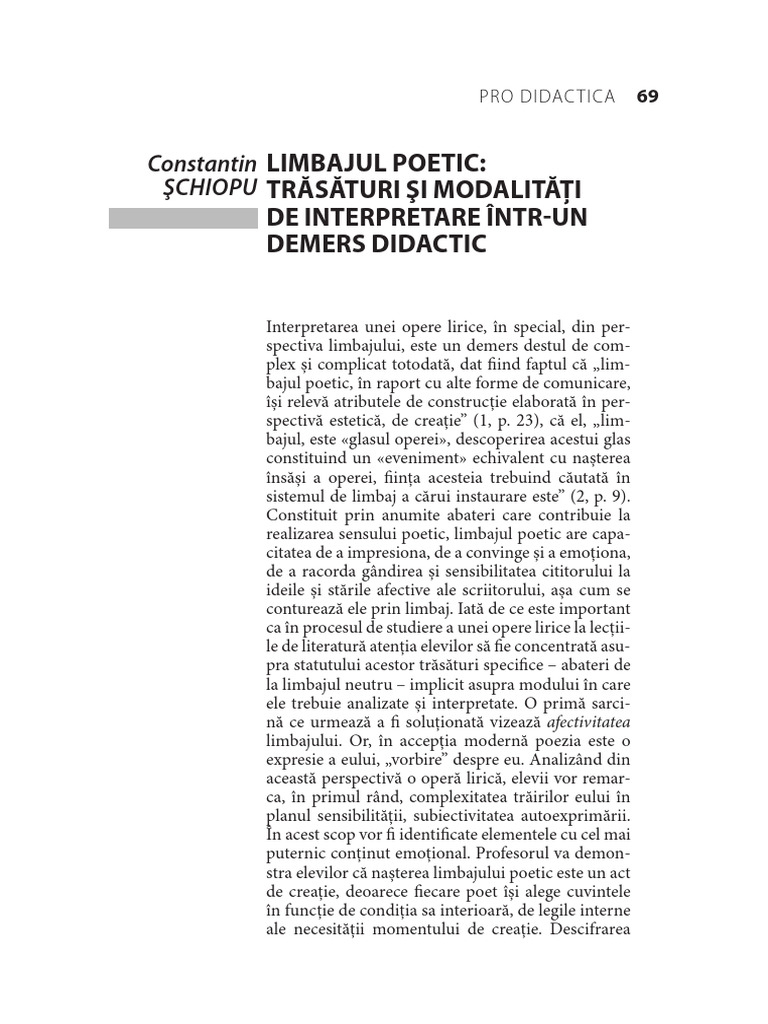 Limbajul Poetic: Trăsături Şi Modalităţi de Interpretare Într-Un Demers Didactic | PDF