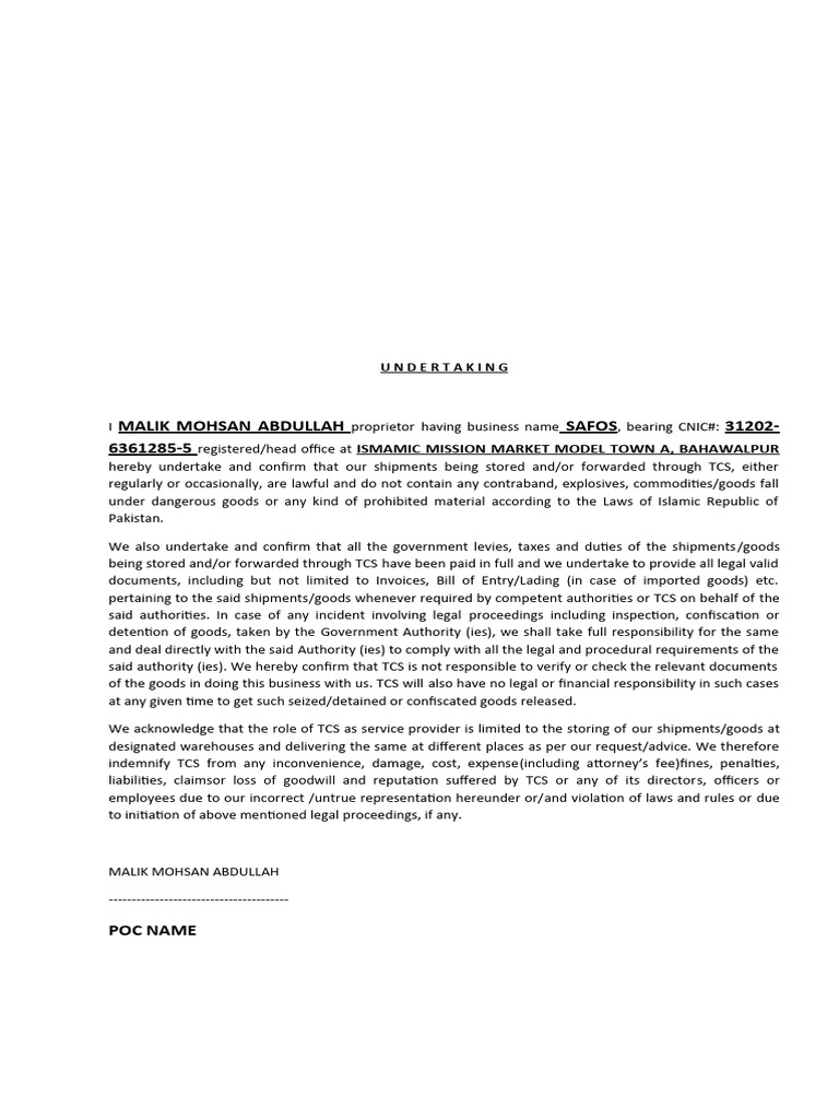 Undertaking-COD (FORMAT) | PDF