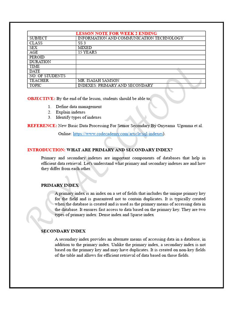 SS 3 Lesson Note On Ict | PDF