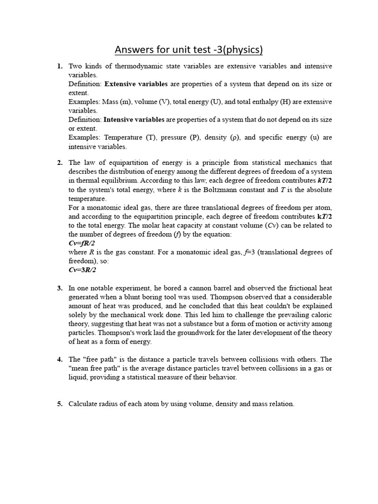 Physics Unit Test 3 Answers | PDF | Gases | Heat