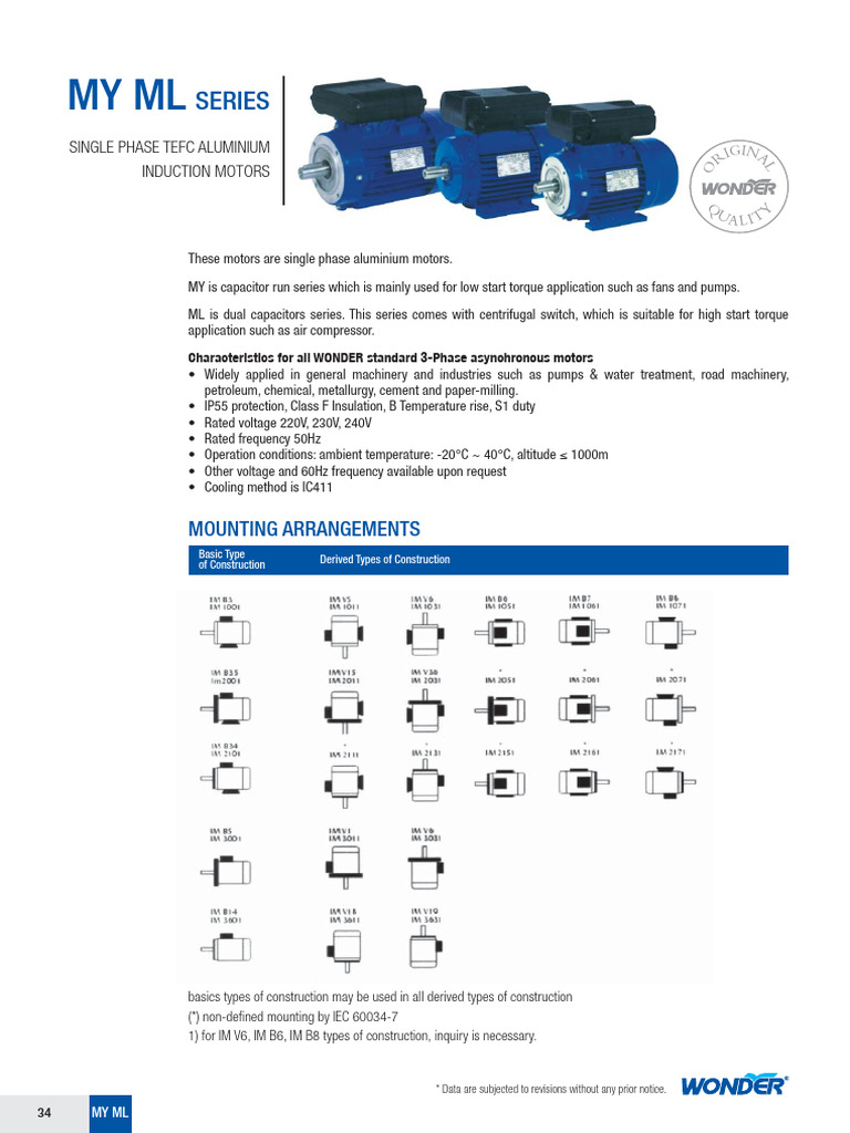 Wonder MY ML Series Single Phase Motor | PDF