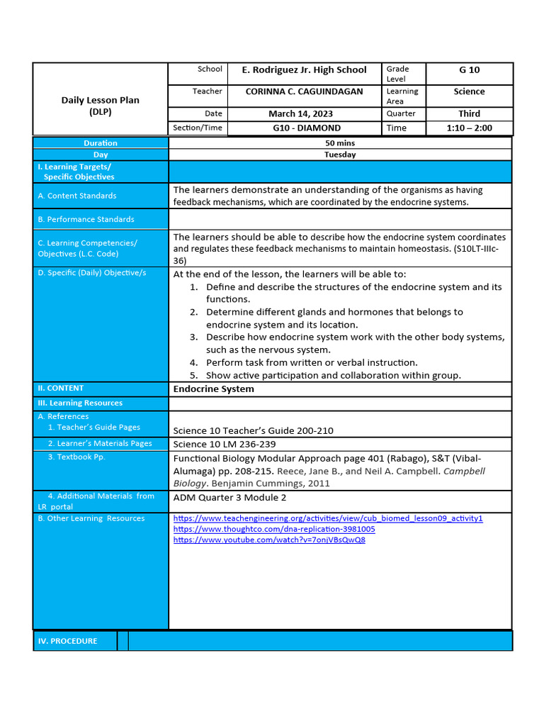 Grade 10 Science Lesson Plan: Endocrine System | PDF