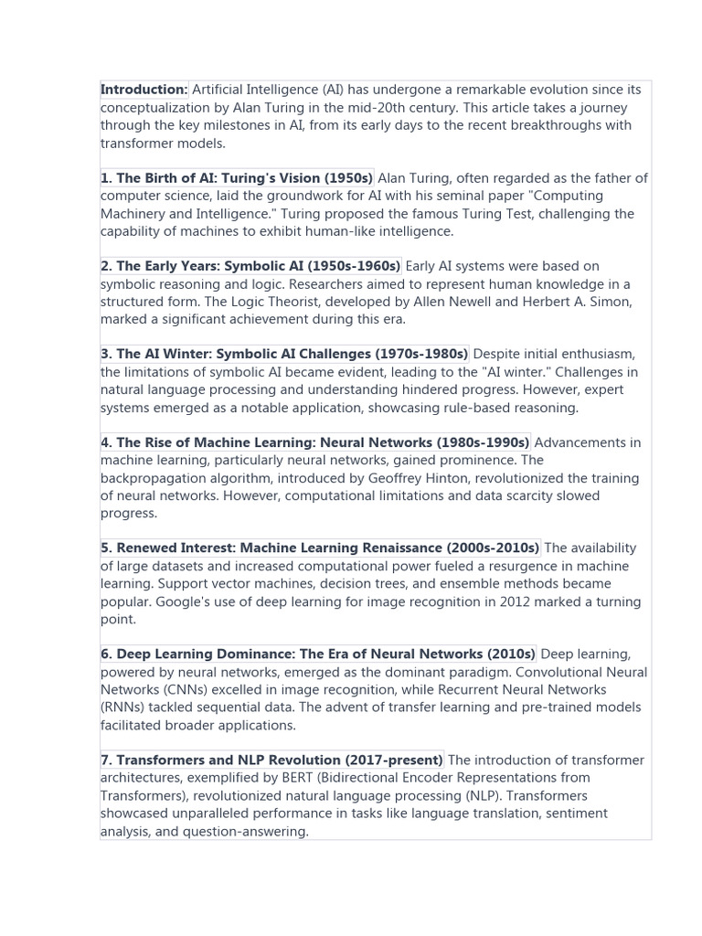 The Evolution of Artificial Intelligence From Turing To Transformers | PDF