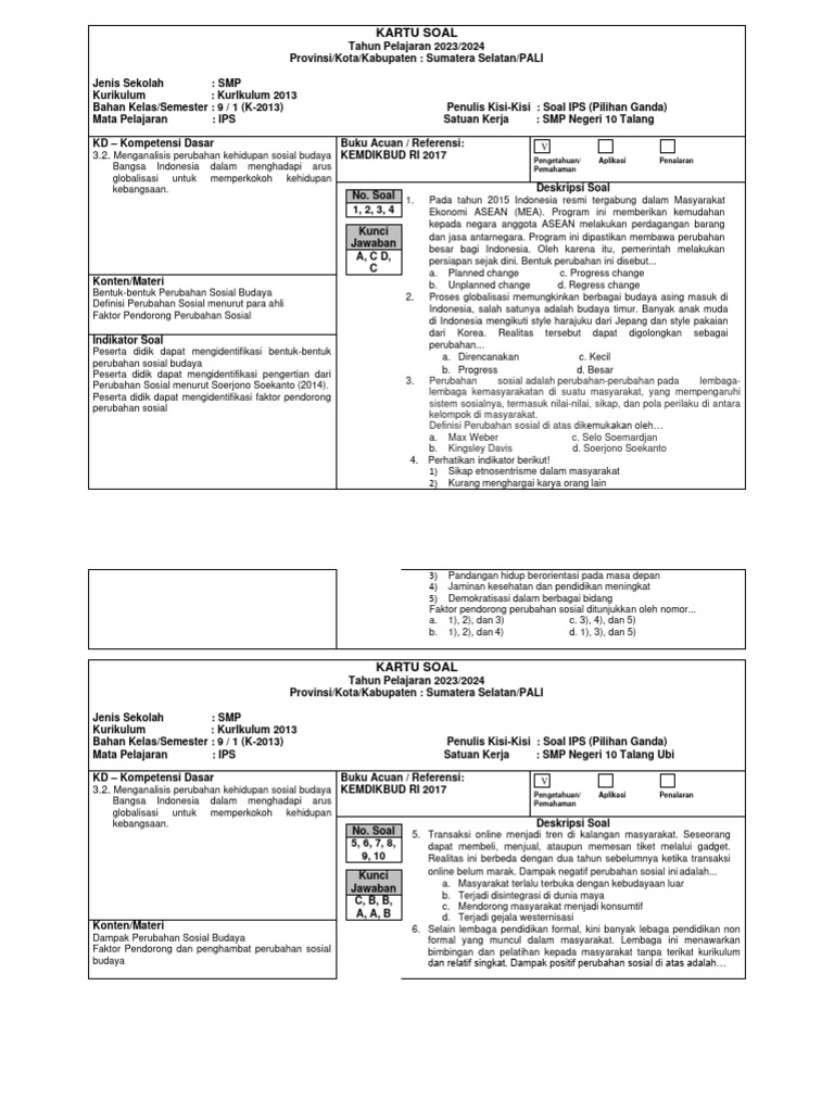 Kisi-Kisi Dan Kartu Soal | PDF