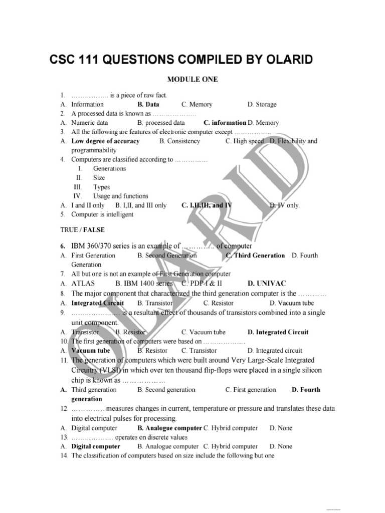 CSC 111 Questions Compiled by Olarid-2-1 | PDF