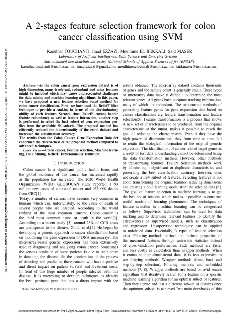 A 2-Stages Feature Selection Framework For Colon Cancer Classification ...