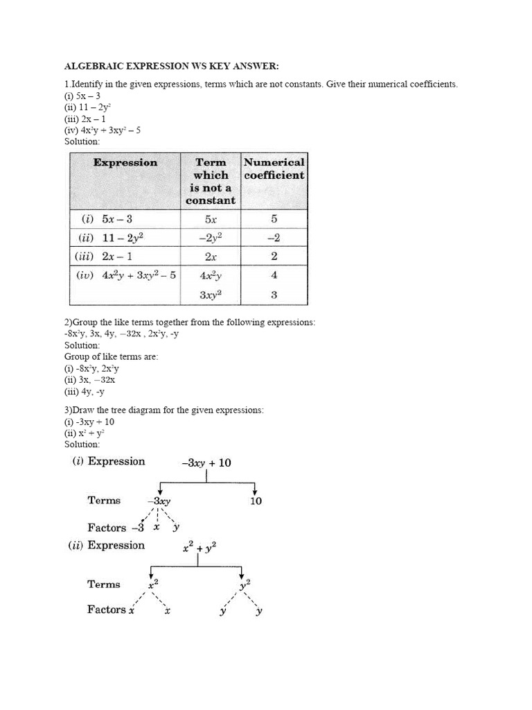 Algebraic Expression WS Key Answer | PDF | Mathematics | Algebra