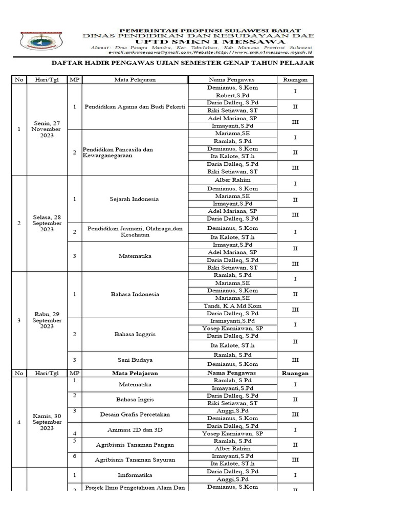 Jadwal Pengawas Ujian Us Genap 2023 | PDF