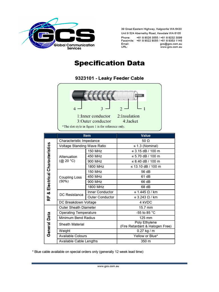 GCS 9323101 Leaky Feeder Cable Specifications 2017 | PDF | Decibel | Electrical Resistivity And ...