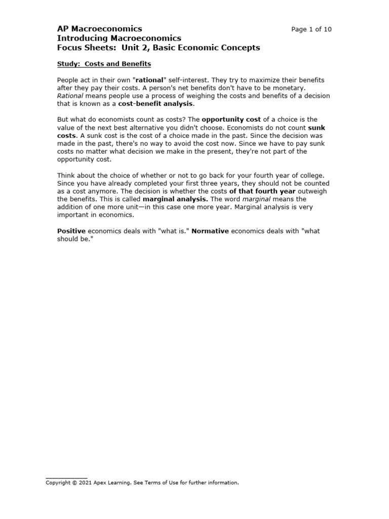 AP Macroeconomics Introducing Macroeconomics Focus Sheets: Unit 2 ...