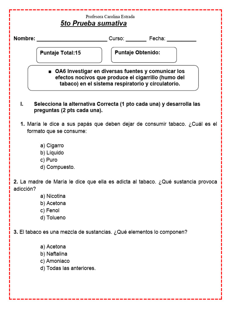 Prueba de Tabaquismo 5to Básico | PDF | Cigarrillo | Medicina CLINICA