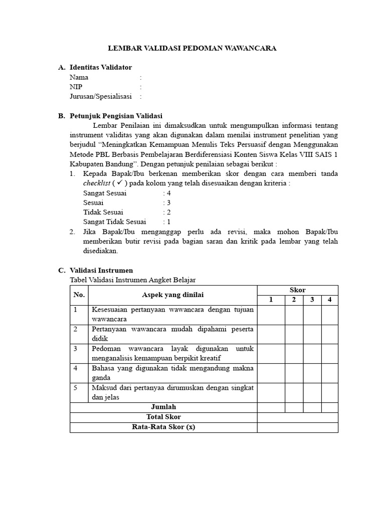 Lampiran Lembar Validasi Dan Instrumen Pedoman Wawancara | PDF