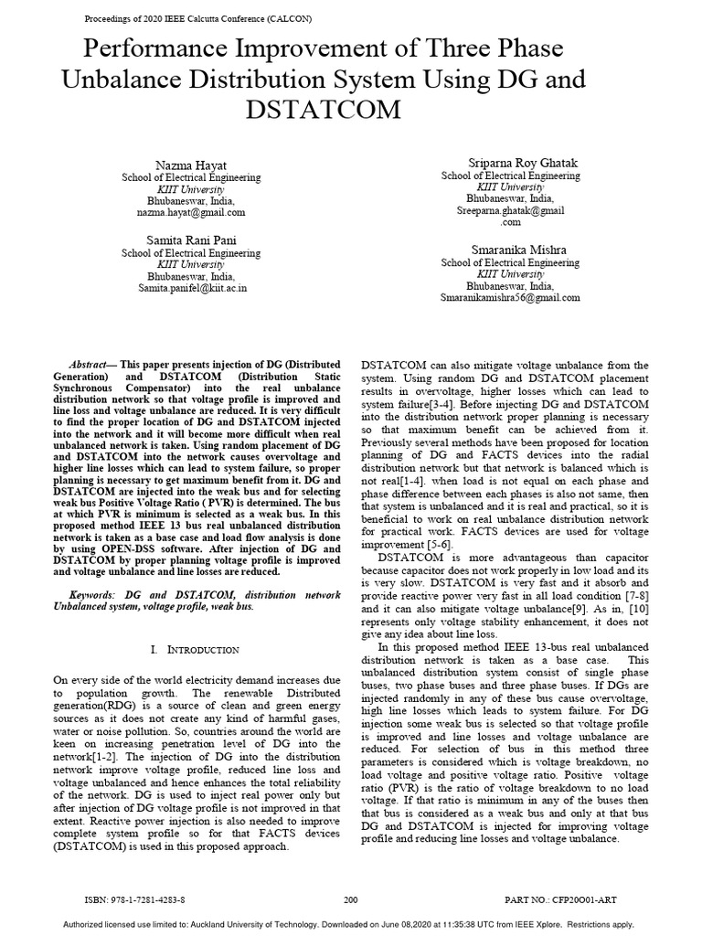 Performance Improvement of Three Phase Unbalance Distribution System Using DG and DSTATCOM | PDF