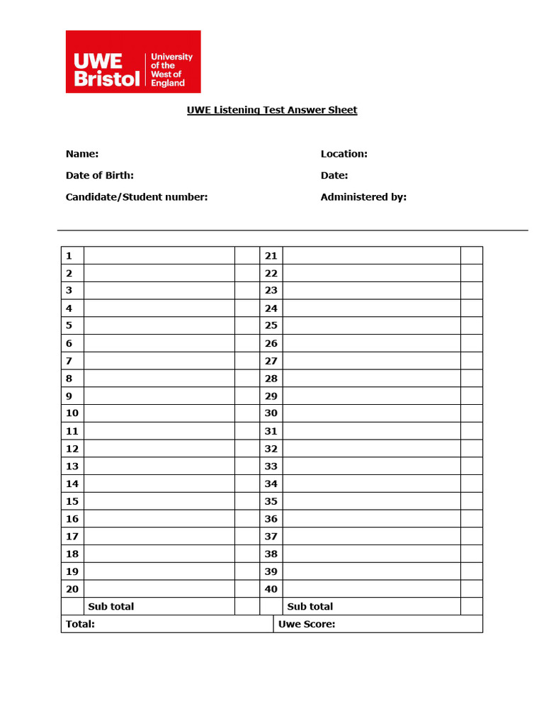 1 - 2 - UWE Listening Test Answer Sheet | PDF
