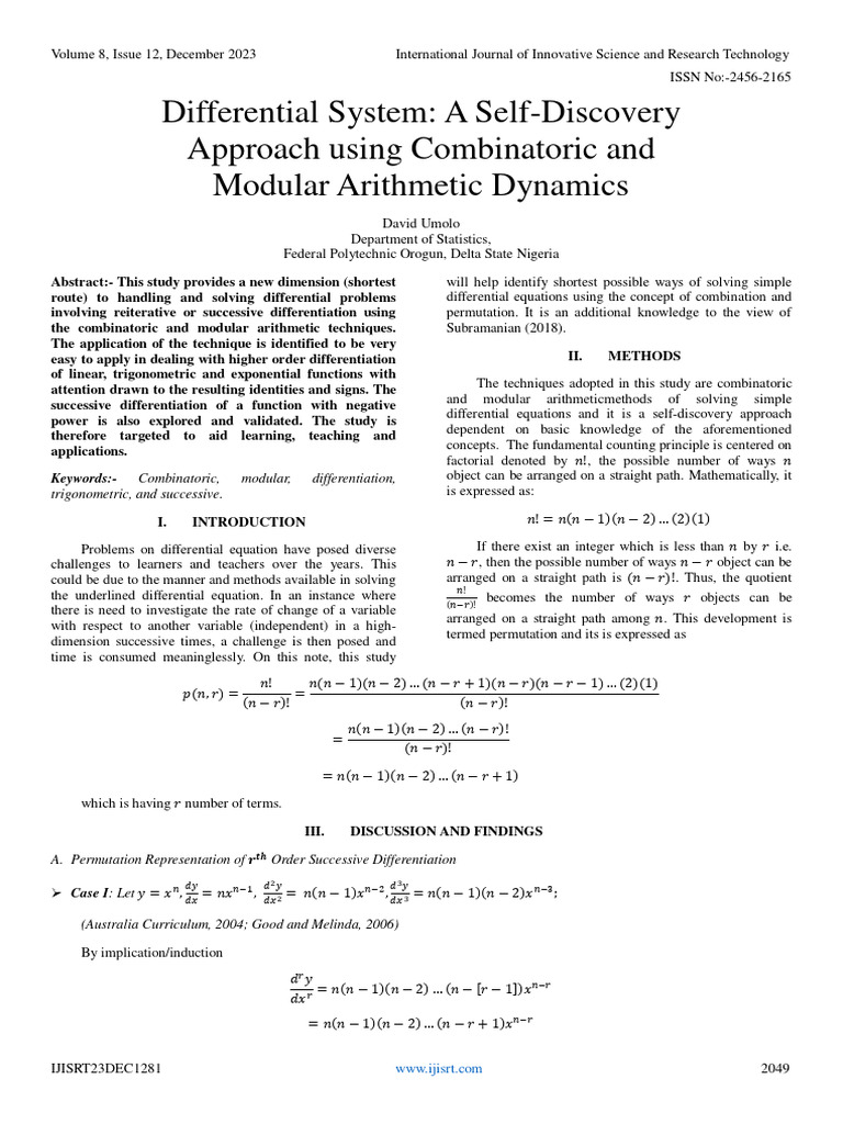 Differential System: A Self-Discovery Approach Using Combinatoric and Modular Arithmetic ...