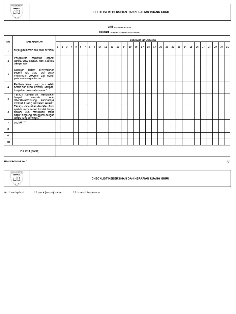 FRM-SPR-008-06 Checklist Kebersihan Ruang Guru | PDF